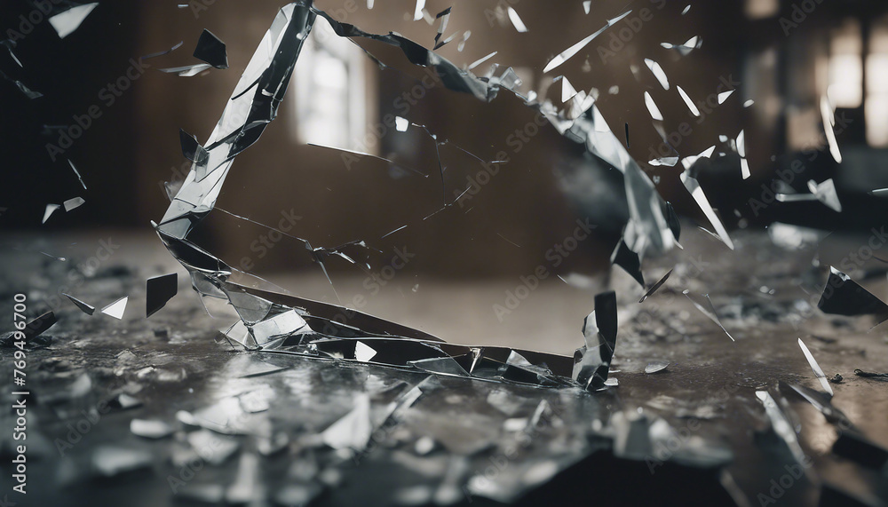 a shattered mirror. The shards reflect warped and distorted versions of ...