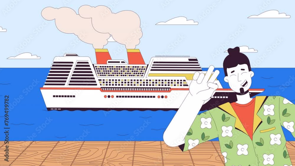 Tourist poses in front of cruise ship line cartoon animation ...