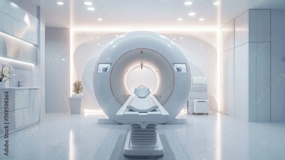 A sleek and modern CT (Computed Tomography) scanner room features a ...