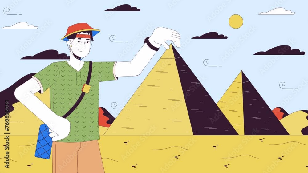 Egypt pyramids sightseeing line cartoon animation. Korean male traveler ...