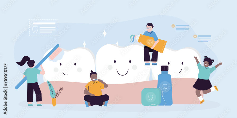 Healthy teeth. Happy multiethnic friends kids with oral care tools ...