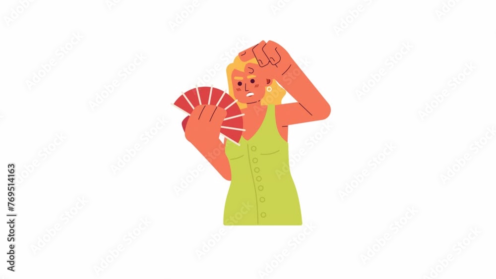 Displeased woman with fan 2D character animation. Danger of overheating ...