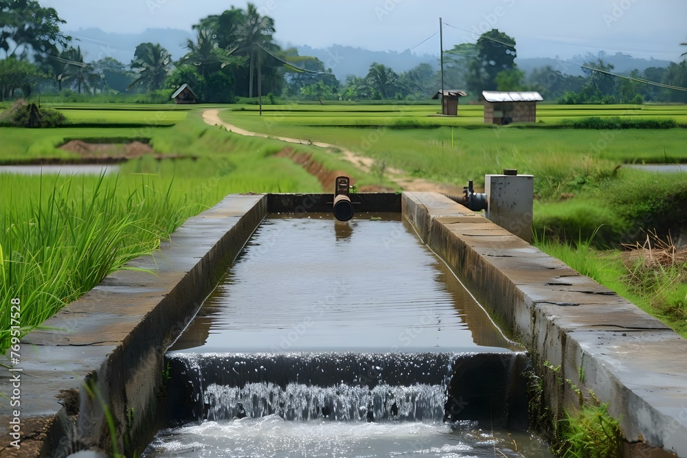 Water being pumped from a well to irrigate rice fields through a ...