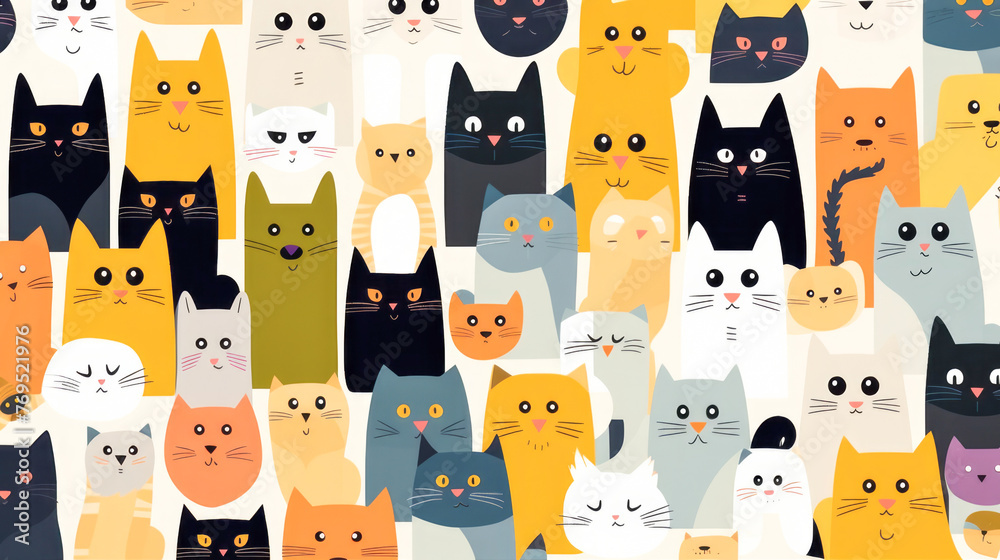 Colorful cat pattern. Creative collage of illustrated cats in various ...