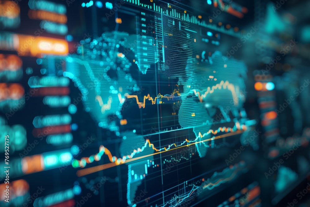 High-Tech Trading Graphs and Economic Data Display. Advanced financial ...