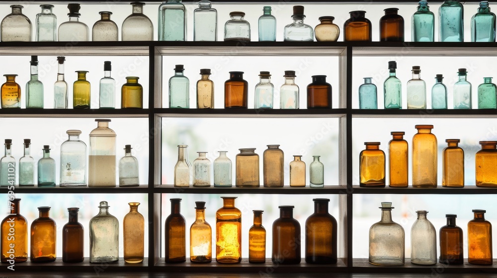 Vintage apothecary bottles, in varied hues and sizes, line the shelves ...