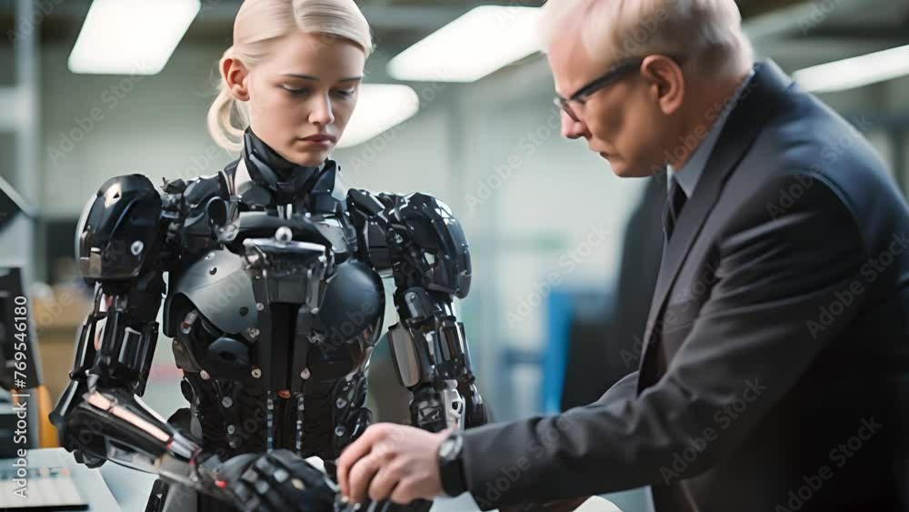 Chief female engineer and top male scientist work on a bionics exoskeleton prototype. In ...