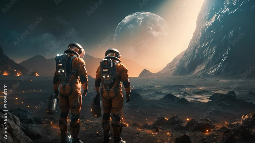 Two astronaut on Mars looking environment for space exploration. Two ...