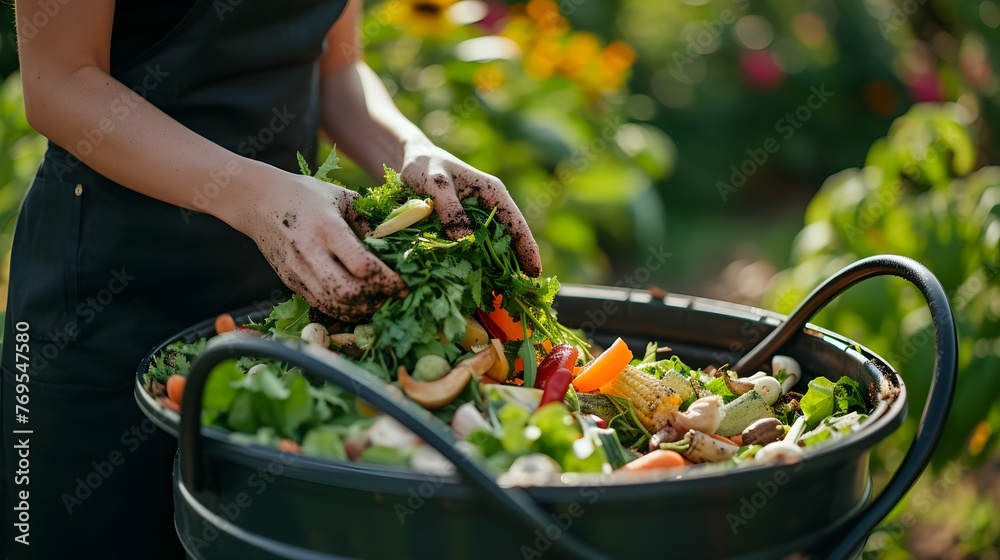 Person composting food waste in backyard compost bin garden Stock ...