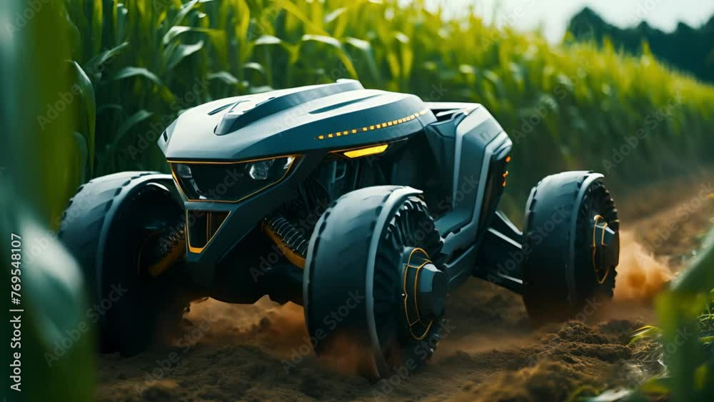 Autonomous tractor working in corn field, Future technology with smart ...