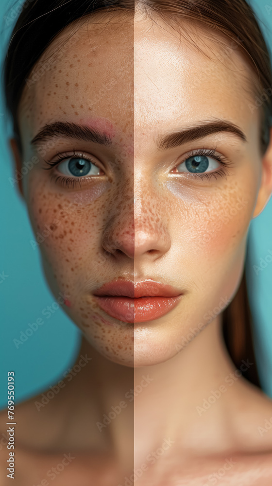 Portrait of a young adult woman before and after treatment for rashes ...