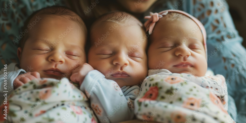 Newborn triplets being held by their mother in maternity ward after ...