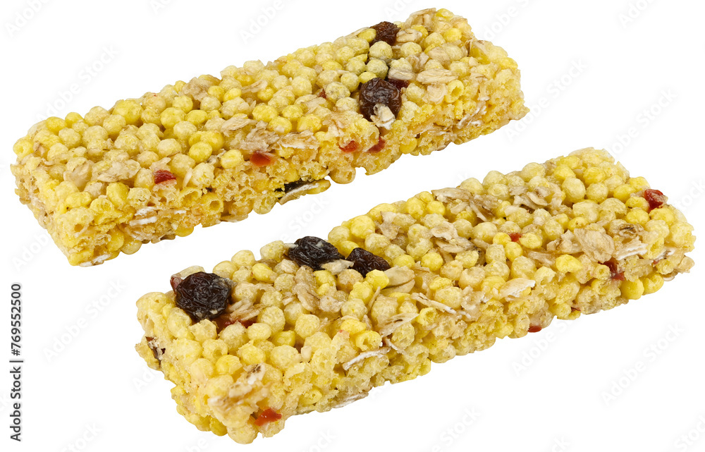 Two granola bars made of extruded cereal balls isolated on a ...