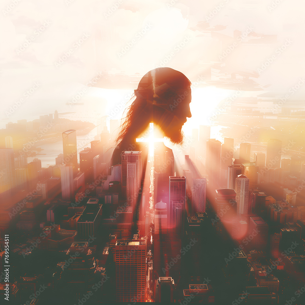 Double exposure image of Jesus Christ, Christian cross and skyscrapers ...