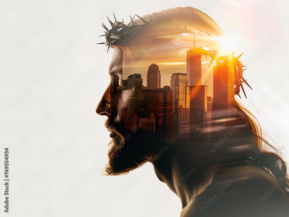 Double exposure image of Jesus Christ in the crown of thorns and ...