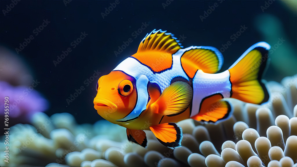 Cute anemone fish over coral reef background isolated closeup ...