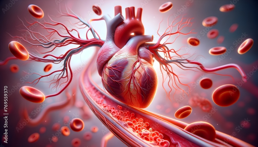 Poster a human heart with arteries and veins surrounded by red blood ...