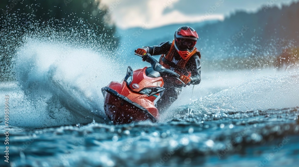 Thrilling action of a jet ski rider carving through the waves ...