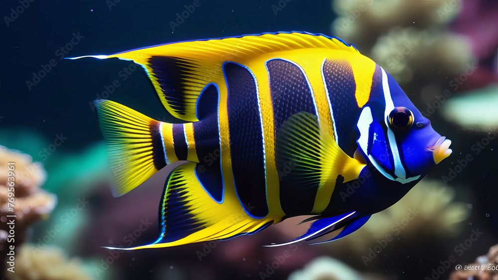 Queen angelfish (Holacanthus ciliaris), also known as the blue ...