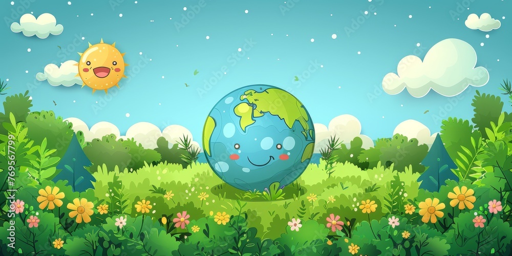Happy Earth Day illustration of a smiling Earth on a sunny day ...