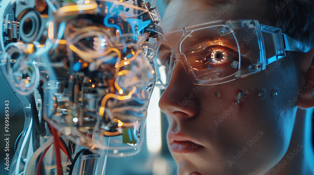 close-up of a digital eye or lens, with a high-tech iris representing ...