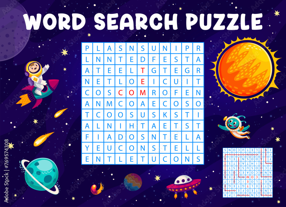 Vetor de Word search puzzle game with galaxy space landscape, kid ...