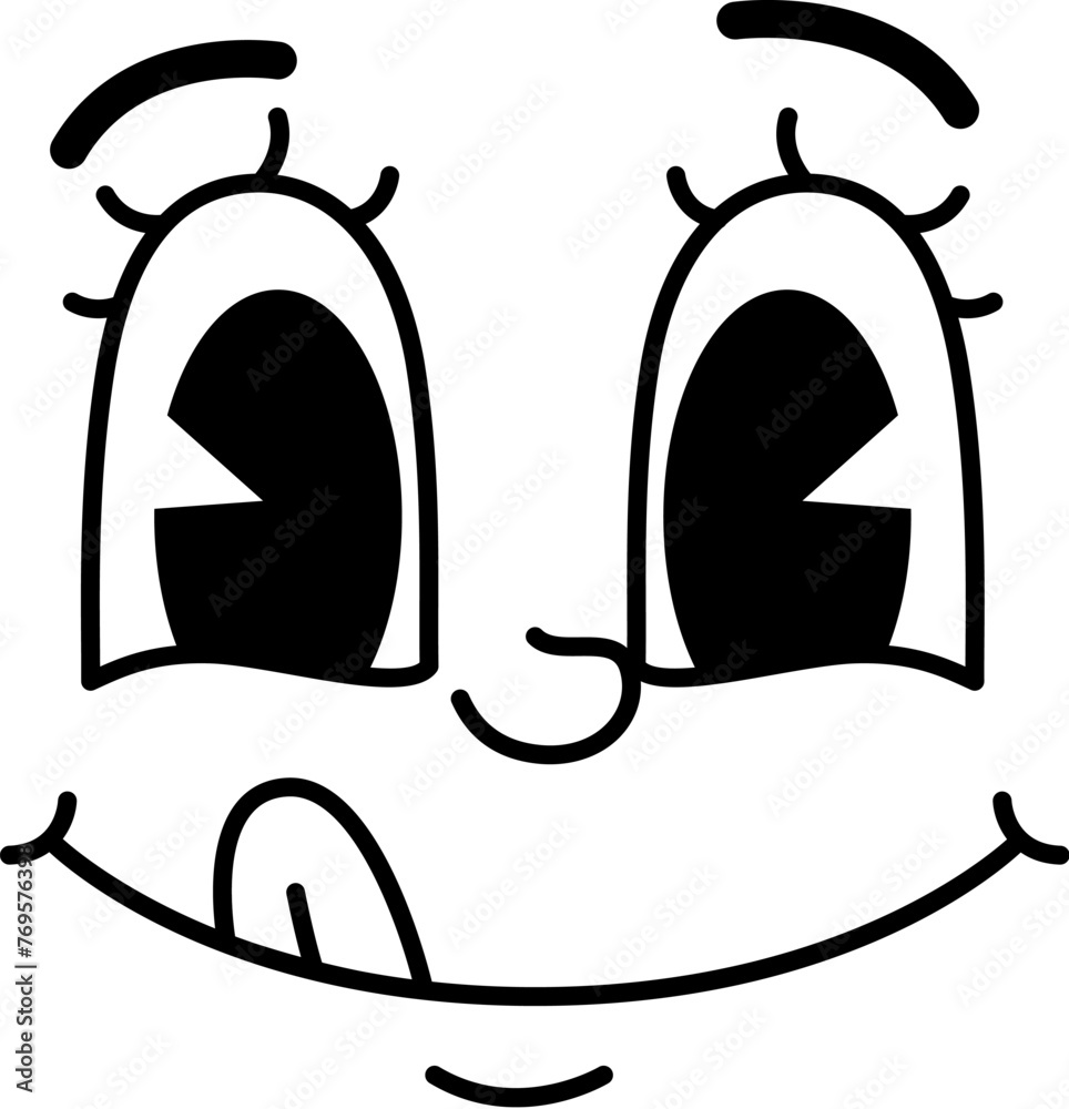 Cartoon funny comic groovy face with licking lips emotion and retro ...