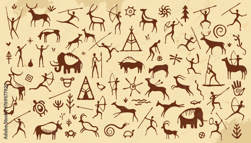 Prehistoric cave painting, ancient stone drawing. Vector background ...