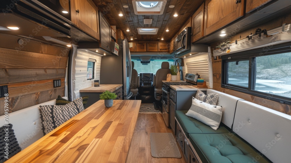 Inside a modern camper van, the cozy interior is fully equipped for a ...