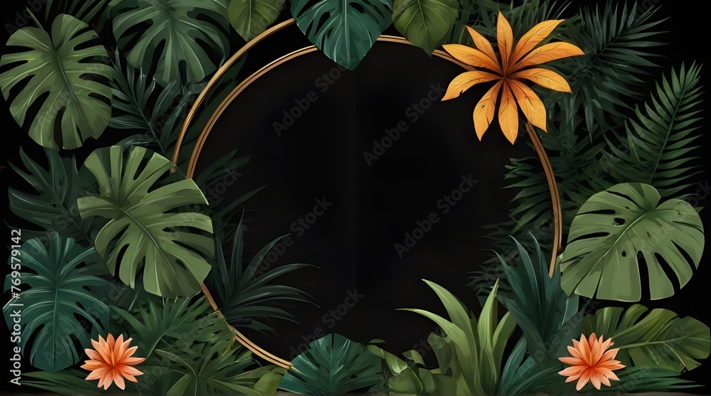 Jungle round frame vector with design space black bac Tropical party ...