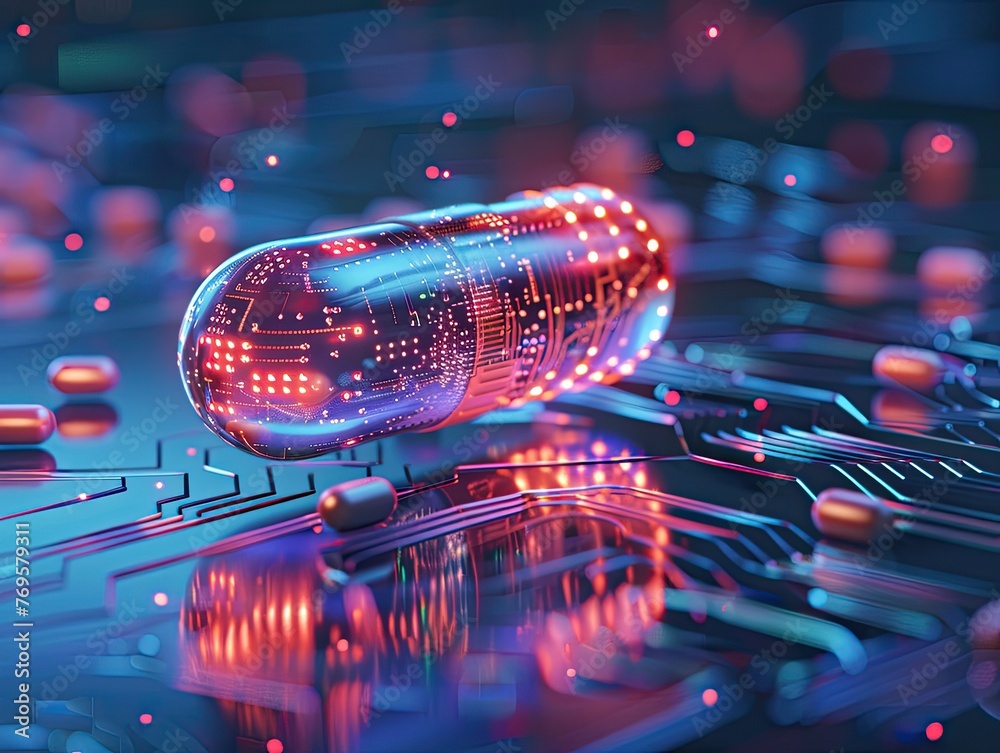 A 3D depiction of a digital pill with embedded technology highlighting ...