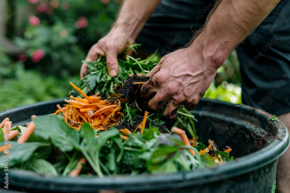 Hands diligently compost food waste into compost bin in backyard garden ...