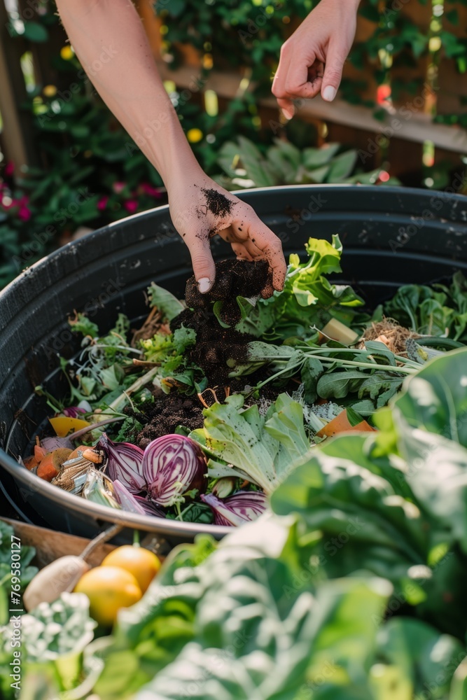 Hands diligently compost food waste into compost bin in backyard garden ...
