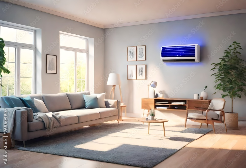 Energy efficient air conditioner with fresh natural in a modern living ...