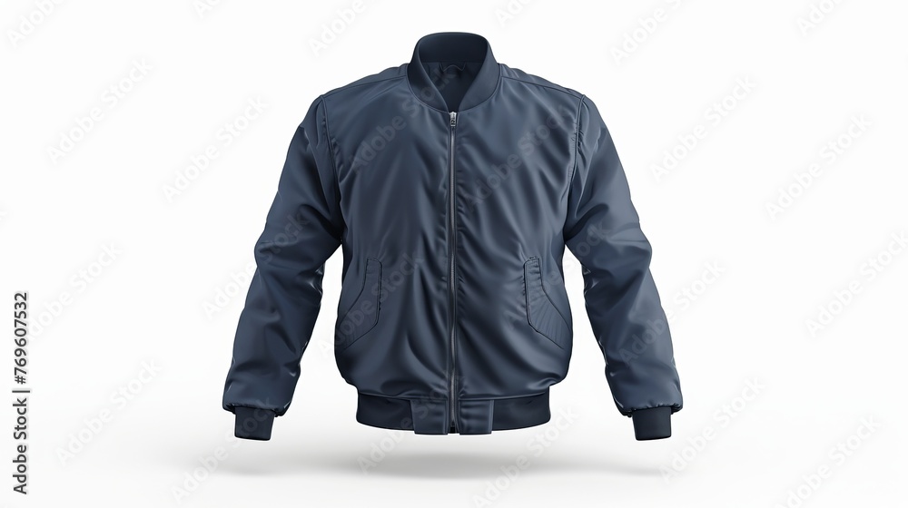 A blank bomber jacket in navy blue, displayed in a front view on a ...