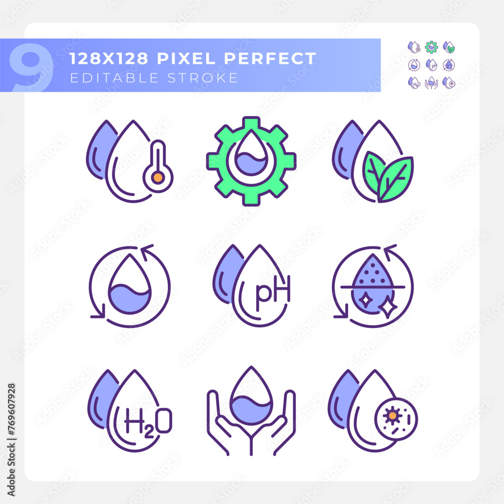 Water drops RGB color icons set. Water molecule and composition. Ph ...