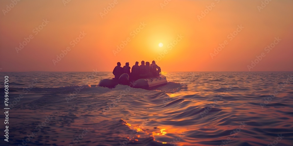 Refugees arriving on shore at sunrise in an inflatable boat - no ...