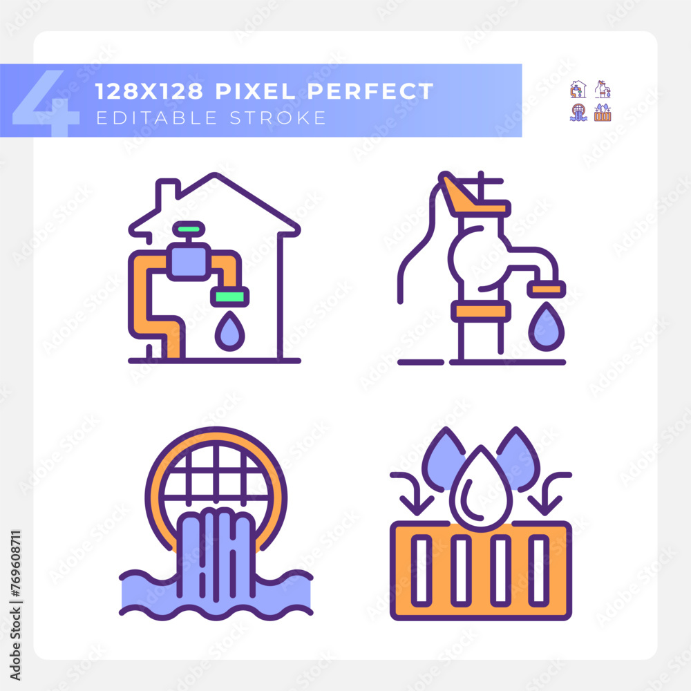 Water infrastructure RGB color icons set. Manual well pump. Home water system. Storm drain ...