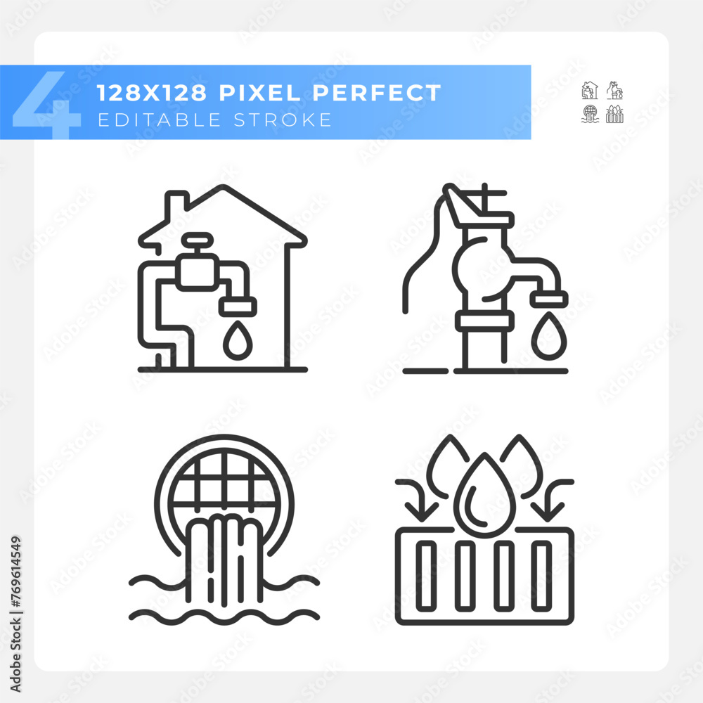 Water infrastructure linear icons set. Manual well pump. Home water ...
