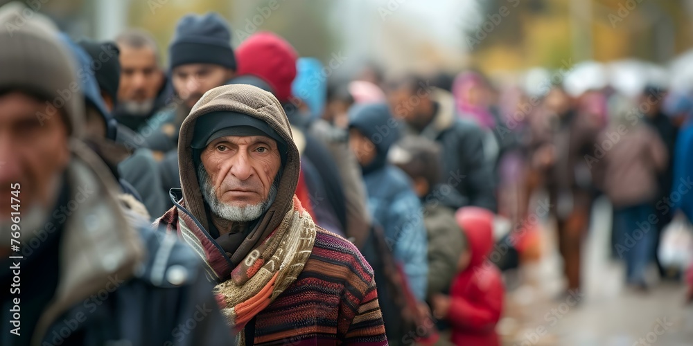 Large crowd of homeless refugees waiting in line with staff and ...