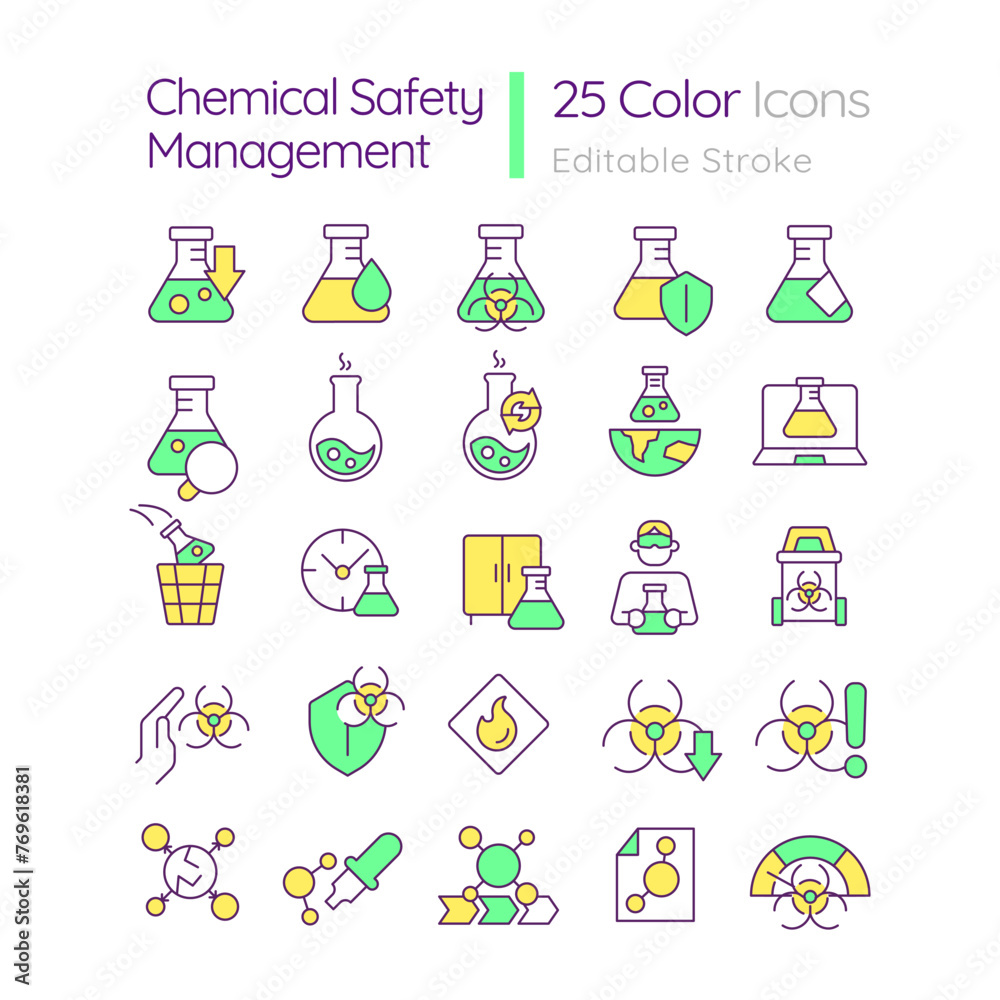 Chemical safety management RGB color icons set. Laboratory control ...