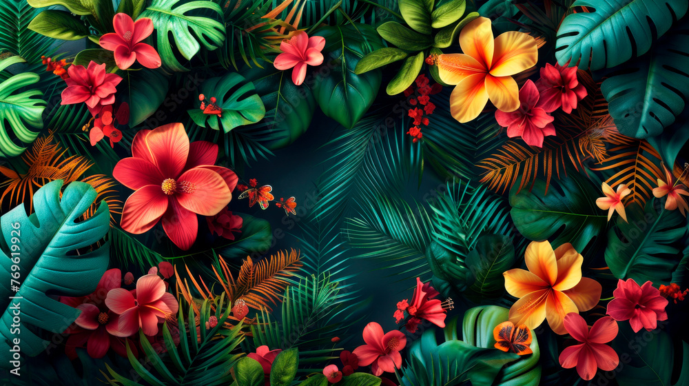 Beautiful tropical floral background with green palm leaves and yellow ...