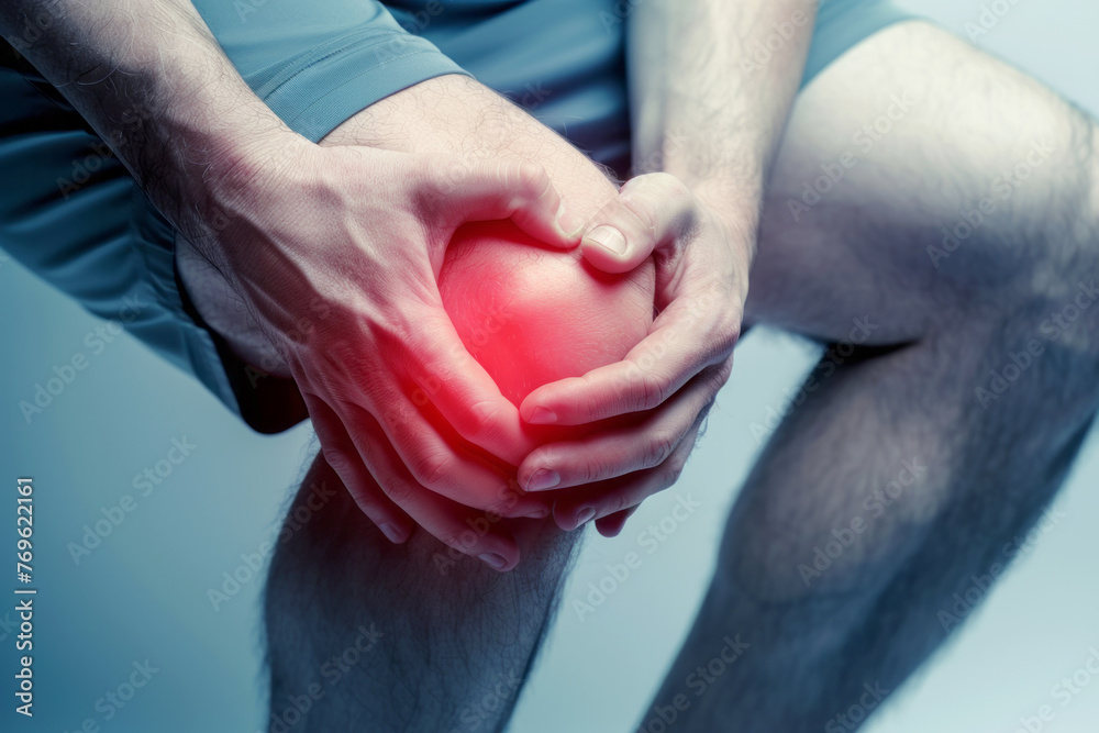 Man holding his sore knee, red sore knee of a man crouched in short ...