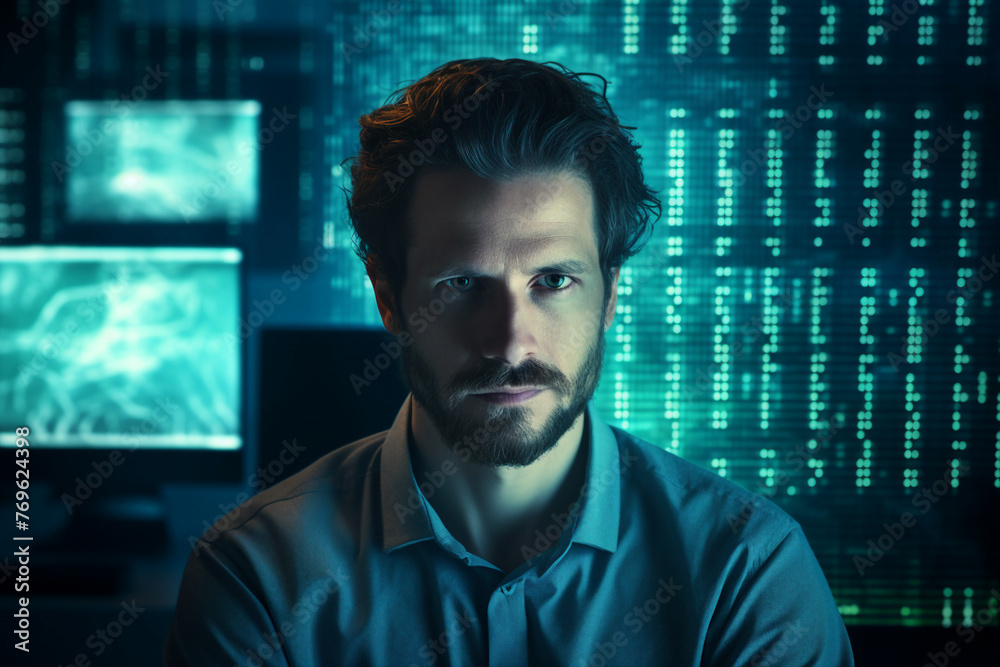 Experienced hacker in action breaking software protection server code Generative Ai image pic ...