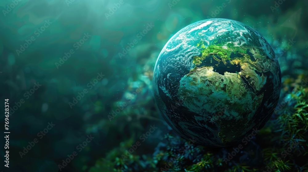 Spherical earth-like form with a vivid green and blue color scheme ...