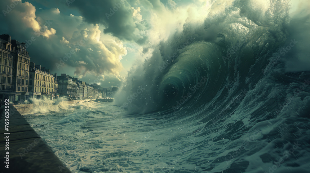 Enormous waves crash against a city embankment under a stormy sky ...