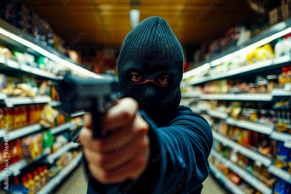 High-tension image showing a robber pointing a gun in a supermarket ...