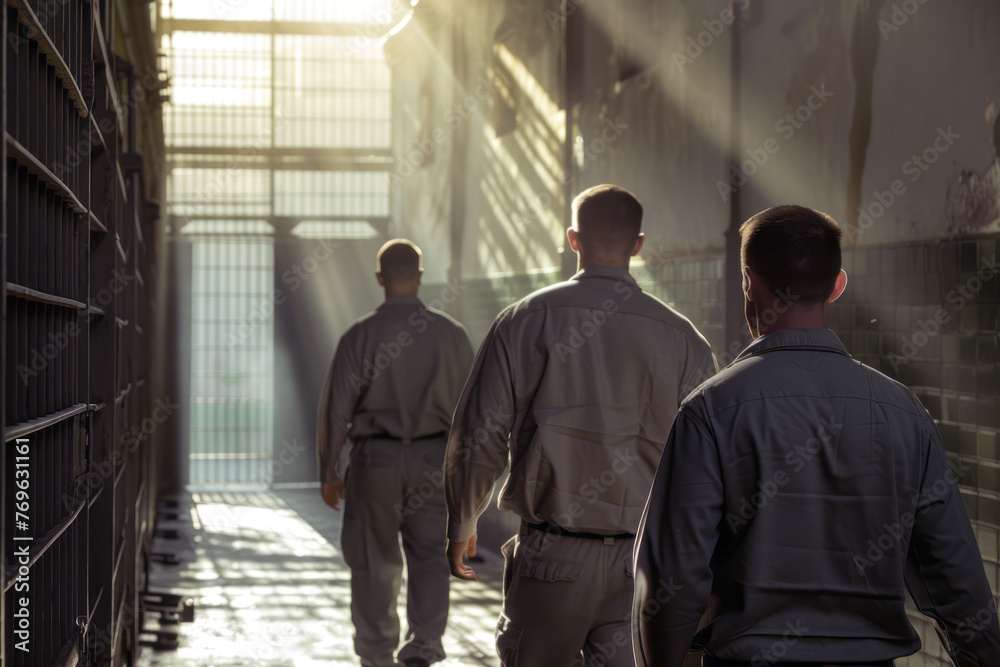 Prisoners walking along the prison next to their cells. Prisoners going ...