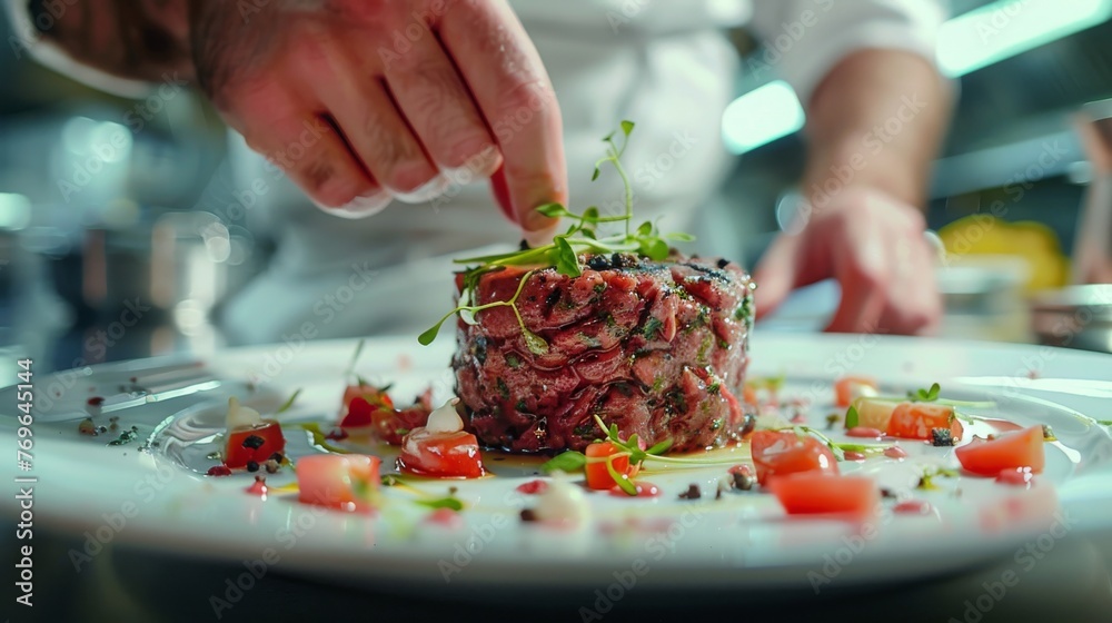 With precision and finesse, a chef delicately arranges a gourmet dish ...