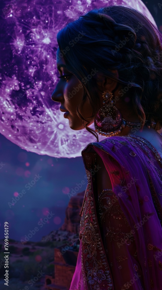 Mysterious woman admiring cosmic entity. An enigmatic woman in ...